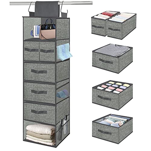 homyfort Hanging Closet Organizer with Drawers - 6 Shelves Organization and Storage, 5 Clothes Drawer and 6 Nylon Pockets for Socks, Underwear, Hat, Jeans, Towel, Bedroom, Dorm College Room(Grey)