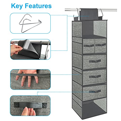 homyfort Hanging Closet Organizer with Drawers - 6 Shelves Organization and Storage, 5 Clothes Drawer and 6 Nylon Pockets for Socks, Underwear, Hat, Jeans, Towel, Bedroom, Dorm College Room(Grey)