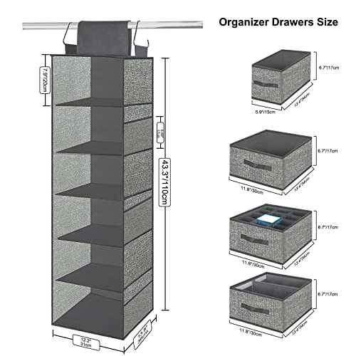 homyfort Hanging Closet Organizer with Drawers - 6 Shelves Organization and Storage, 5 Clothes Drawer and 6 Nylon Pockets for Socks, Underwear, Hat, Jeans, Towel, Bedroom, Dorm College Room(Grey)