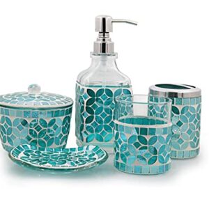 LushAccents Bathroom Accessories Set, 5-Piece Decorative Glass Bathroom Accessories Set, Soap Dispenser, Vanity Tray, Jar, Toothbrush Holder, Tumbler, Elegant Turquoise Mosaic Glass