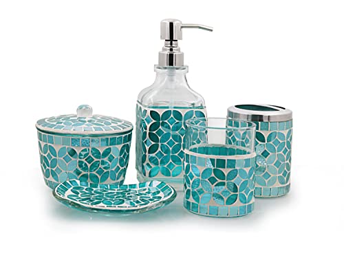 LushAccents Bathroom Accessories Set, 5-Piece Decorative Glass Bathroom Accessories Set, Soap Dispenser, Vanity Tray, Jar, Toothbrush Holder, Tumbler, Elegant Turquoise Mosaic Glass