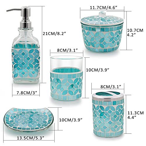 LushAccents Bathroom Accessories Set, 5-Piece Decorative Glass Bathroom Accessories Set, Soap Dispenser, Vanity Tray, Jar, Toothbrush Holder, Tumbler, Elegant Turquoise Mosaic Glass