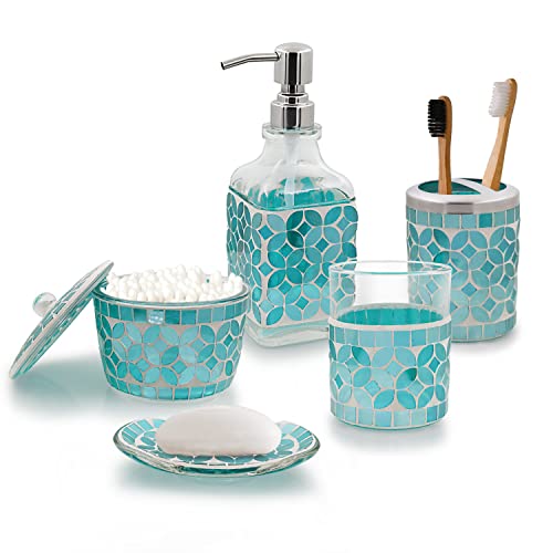 LushAccents Bathroom Accessories Set, 5-Piece Decorative Glass Bathroom Accessories Set, Soap Dispenser, Vanity Tray, Jar, Toothbrush Holder, Tumbler, Elegant Turquoise Mosaic Glass