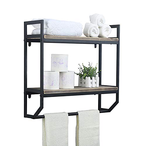 2-Tier Metal Industrial 23.6" Bathroom Shelves Wall Mounted,Rustic Wall Shelf Over Toilet,Towel Rack with Towel Bar,Utility Storage Shelf Rack,Floating Shelves Towel Holder,Black