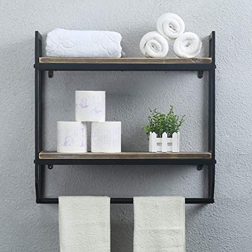 2-Tier Metal Industrial 23.6" Bathroom Shelves Wall Mounted,Rustic Wall Shelf Over Toilet,Towel Rack with Towel Bar,Utility Storage Shelf Rack,Floating Shelves Towel Holder,Black