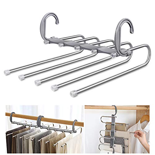 WAOU Massy Pants Hangers Multi-Layer Hanging Pants 5 in 1 Pants Rack Stainless Steel Pants Hangers Folding Storage Rack Space Saver Storage for Trousers Scarf Tie Belt Adjustable Gary (1 Pack)