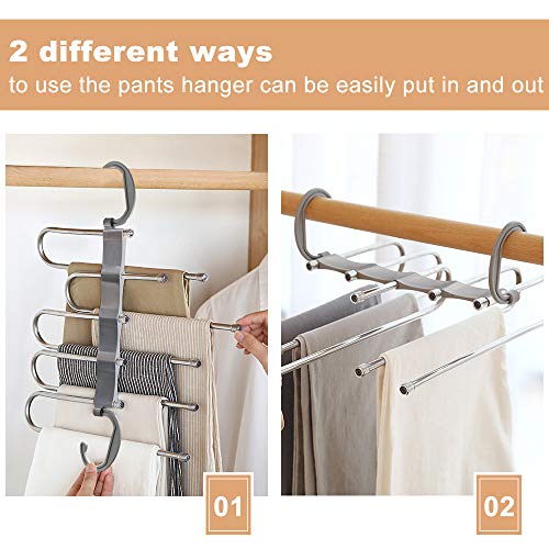 WAOU Massy Pants Hangers Multi-Layer Hanging Pants 5 in 1 Pants Rack Stainless Steel Pants Hangers Folding Storage Rack Space Saver Storage for Trousers Scarf Tie Belt Adjustable Gary (1 Pack)