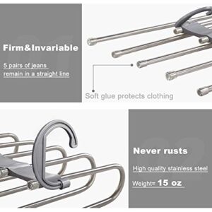 WAOU Massy Pants Hangers Multi-Layer Hanging Pants 5 in 1 Pants Rack Stainless Steel Pants Hangers Folding Storage Rack Space Saver Storage for Trousers Scarf Tie Belt Adjustable Gary (1 Pack)