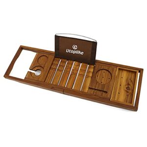 utoplike teak bathtub caddy tray bath tray for tub,unique bathtub organizer with book tablet wine glass cup towel holder,adjustable, for your loved