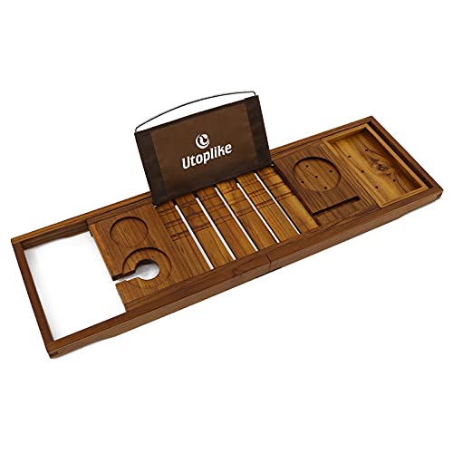 Utoplike Teak Bathtub Caddy Tray Bath Tray for Tub,Unique Bathtub Organizer with Book Tablet Wine Glass Cup Towel Holder,Adjustable, for Your Loved