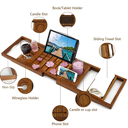 Utoplike Teak Bathtub Caddy Tray Bath Tray for Tub,Unique Bathtub Organizer with Book Tablet Wine Glass Cup Towel Holder,Adjustable, for Your Loved