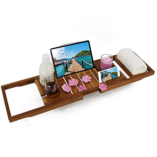 Utoplike Teak Bathtub Caddy Tray Bath Tray for Tub,Unique Bathtub Organizer with Book Tablet Wine Glass Cup Towel Holder,Adjustable, for Your Loved