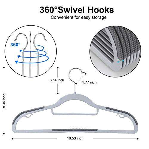 OIKA Hangers Plastic 30pack Space Saving Coat Hanger, Upgraded Rubber Stripe Non-Slip Pants Hangers, 360° Swivel Hook Clothes Hangers, 16.5 Inches, Gray