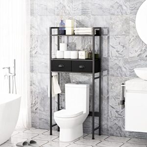 Furnulem Over The Toilet Storage with 2 Fabric Drawers, 3-Tier Tall Bathroom Storage Shelf, Stable Freestanding Above Toilet Stand, Space Saver Organizer Rack for Restroom, Laundry (Black)