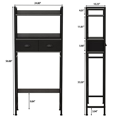 Furnulem Over The Toilet Storage with 2 Fabric Drawers, 3-Tier Tall Bathroom Storage Shelf, Stable Freestanding Above Toilet Stand, Space Saver Organizer Rack for Restroom, Laundry (Black)