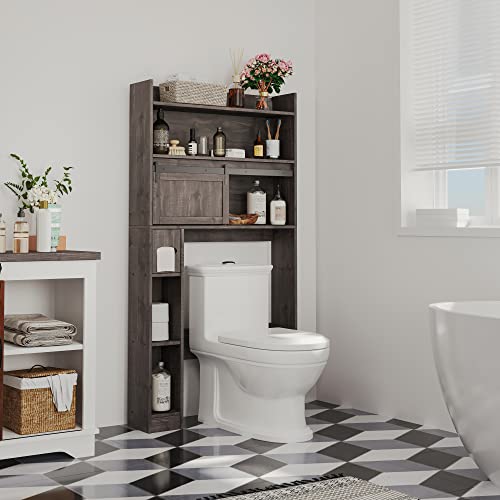 Furniouse Over The Toilet Storage Cabinet, 6-Tier Bathroom Rack Over The Toilet, Toilet Organizer Rack, Bathroom Shelf, and Cabinet with Sliding Barn Door for Bathroom, Restroom, Laundry