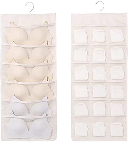 ST-BEST-P Bra and Underwear Hanging Storage Organizer Mesh Pockets Dual Sided Wall Shelves Space Saver Bag Sock Underpants Drawer Closet Clothes Rack (Beige:(6+18 Pockets))