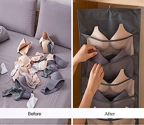 ST-BEST-P Bra and Underwear Hanging Storage Organizer Mesh Pockets Dual Sided Wall Shelves Space Saver Bag Sock Underpants Drawer Closet Clothes Rack (Beige:(6+18 Pockets))