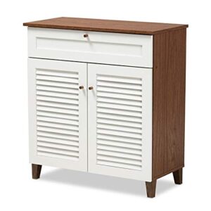 baxton studio coolidge modern and contemporary white and walnut finished 4-shelf wood shoe storage cabinet with drawer