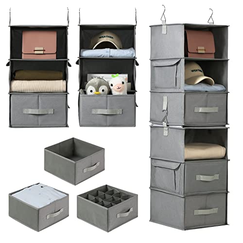 6-Tier Hanging Shelves for Closet, Two 3-Shelf Hanging Closet Organizer w/ 4 Side Pockets and 3 Drawers, Combinable for Dorm Wardrobe Organizer and RV Storage and Organization (Light Gray, Assembled)