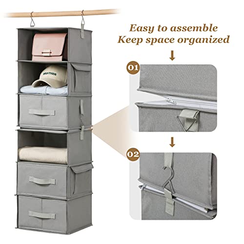 6-Tier Hanging Shelves for Closet, Two 3-Shelf Hanging Closet Organizer w/ 4 Side Pockets and 3 Drawers, Combinable for Dorm Wardrobe Organizer and RV Storage and Organization (Light Gray, Assembled)