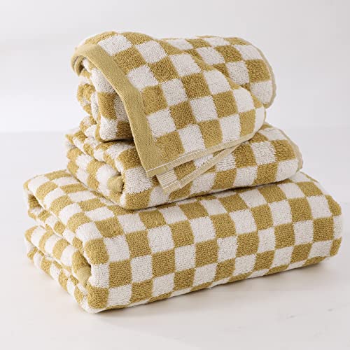 IDORESPELL Luxury Bath Towel Sets Yellow White Checkered Large Ultra Soft 100% Cotton Classic Checkerboard 1 Bath Towels Sheets 2 Hand Towels Highly Absorbent for Adults Girl Face Body (Yellow)