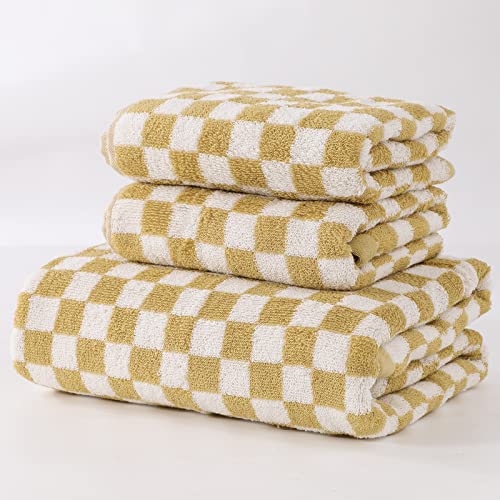 IDORESPELL Luxury Bath Towel Sets Yellow White Checkered Large Ultra Soft 100% Cotton Classic Checkerboard 1 Bath Towels Sheets 2 Hand Towels Highly Absorbent for Adults Girl Face Body (Yellow)