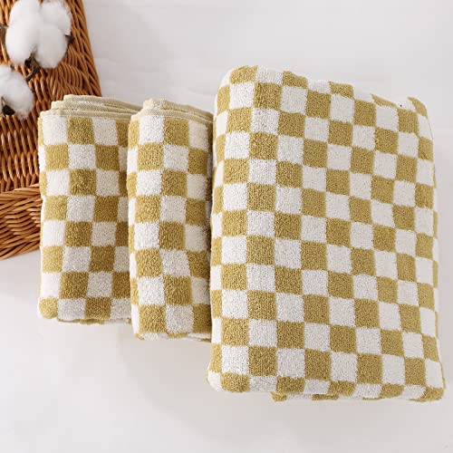 IDORESPELL Luxury Bath Towel Sets Yellow White Checkered Large Ultra Soft 100% Cotton Classic Checkerboard 1 Bath Towels Sheets 2 Hand Towels Highly Absorbent for Adults Girl Face Body (Yellow)