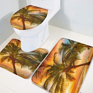 Women Trend 3 Piece Bath Rugs Set Non-Slip Bathroom Mats Absorbent Contour Soft Mat Toilet Lid Cover Bathroom Decor Set- Ocean Seascape Tropical Palm Tree Sunset 20"x32"+16"x18"+16"x20"