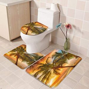 Women Trend 3 Piece Bath Rugs Set Non-Slip Bathroom Mats Absorbent Contour Soft Mat Toilet Lid Cover Bathroom Decor Set- Ocean Seascape Tropical Palm Tree Sunset 20"x32"+16"x18"+16"x20"