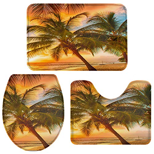 Women Trend 3 Piece Bath Rugs Set Non-Slip Bathroom Mats Absorbent Contour Soft Mat Toilet Lid Cover Bathroom Decor Set- Ocean Seascape Tropical Palm Tree Sunset 20"x32"+16"x18"+16"x20"