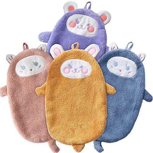 CHOOSE HOME 4 Pack Hanging Hand Towel Children Cartoon Towels Soft Coral Velvet Absorbent Dishcloth Ultra Absorbent Fast Drying Hang Towel for Kitchen Bathroom