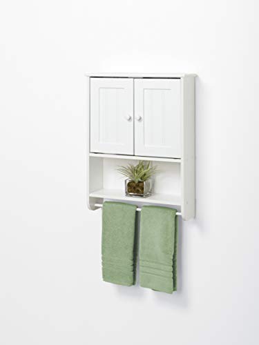 Zenna Home Cottage Bathroom Wall Cabinet, with 2 Shelves and 2 Doors, 19" W x 25.6" H, Storage Cabinet with Towel Bar, White