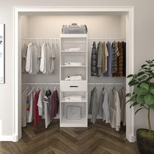 solrig closet system tower kits, including clothes rack shelves, organizer kits, rods can be cut and one drawer, manufactor wood with white color for bedroom and closet room.