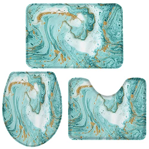 Apular Fashion 3 Piece Bath Rugs Set Marble Turquoise Hazy Stripes Printed Non Slip Ultra Soft Bathroom Mats, U Shape Mat and Toilet Lid Cover Mat Bath Mats