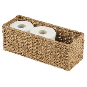 mdesign small natural woven seagrass bathroom toliet roll holder storage organizer basket bin; use on bathroom countertop, toilet tank top - holds 3 rolls of toilet paper - natural/tan