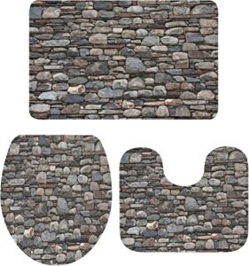 apular fashion 3 piece bath rugs set rustic old stone wall non slip ultra soft bathroom accessories mats, u shape mat and toilet lid cover mat bath mats