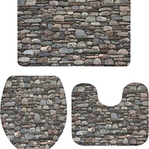 Apular Fashion 3 Piece Bath Rugs Set Rustic Old Stone Wall Non Slip Ultra Soft Bathroom Accessories Mats, U Shape Mat and Toilet Lid Cover Mat Bath Mats