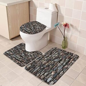 Apular Fashion 3 Piece Bath Rugs Set Rustic Old Stone Wall Non Slip Ultra Soft Bathroom Accessories Mats, U Shape Mat and Toilet Lid Cover Mat Bath Mats