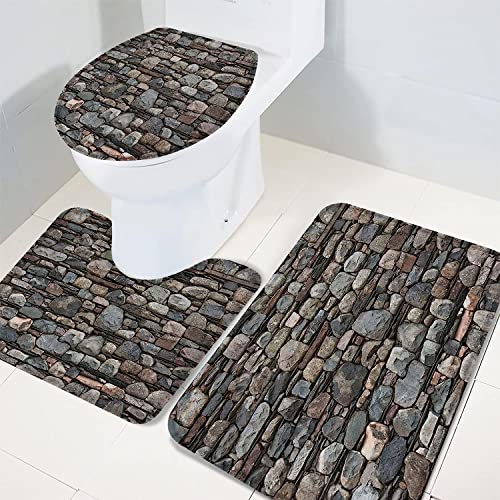 Apular Fashion 3 Piece Bath Rugs Set Rustic Old Stone Wall Non Slip Ultra Soft Bathroom Accessories Mats, U Shape Mat and Toilet Lid Cover Mat Bath Mats