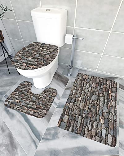 Apular Fashion 3 Piece Bath Rugs Set Rustic Old Stone Wall Non Slip Ultra Soft Bathroom Accessories Mats, U Shape Mat and Toilet Lid Cover Mat Bath Mats