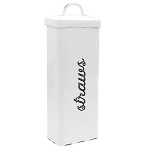 auldhome farmhouse enamelware straw holder (white); rustic metal straw storage canister