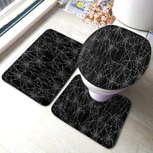 wondertify spider web bathroom antiskid pad halloween gothic scary netting 3 pieces bathroom rugs set, bath mat+contour+toilet lid cover black grey