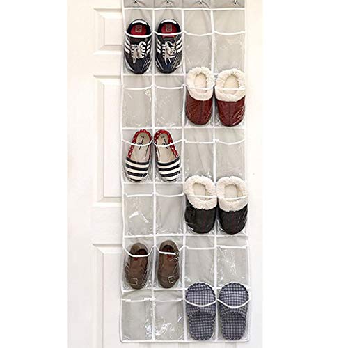 Yowein Crystal Clear Over The Door Hanging Shoe Organizer, Gray Back Door Shoe Foldable Storage Bag Wall-Mounted Non-Woven Shoes Transparent Travel Bifold Door (A - 24 pockets)