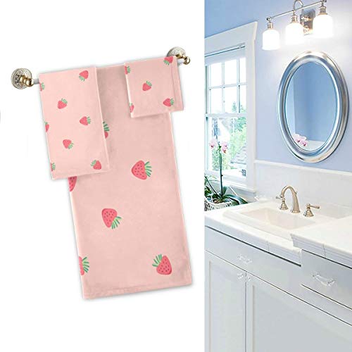 Naanle Beautiful Sweet Strawberry Pattern Soft Decorative Set of 3 Towels, 1 Bath Towel+1 Hand Towel+1 Washcloth, Multipurpose for Bathroom, Hotel, Gym, Spa and Beach(Pink)