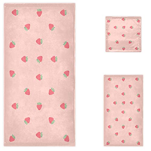 Naanle Beautiful Sweet Strawberry Pattern Soft Decorative Set of 3 Towels, 1 Bath Towel+1 Hand Towel+1 Washcloth, Multipurpose for Bathroom, Hotel, Gym, Spa and Beach(Pink)