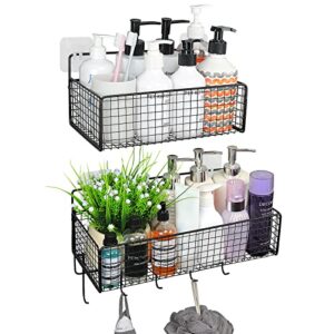 livabber adhesive shower caddy basket shelf with hooks, all metal bathroom organizer shelf rustproof storage basket no drilling wall mounted, 2-in-1 space saving kitchen spice racks, 2 pack, black