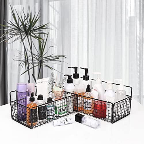 Livabber Adhesive Shower Caddy Basket Shelf with Hooks, All Metal Bathroom Organizer Shelf Rustproof Storage Basket No Drilling Wall Mounted, 2-in-1 Space Saving Kitchen Spice Racks, 2 Pack, Black