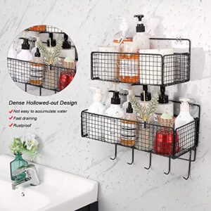 Livabber Adhesive Shower Caddy Basket Shelf with Hooks, All Metal Bathroom Organizer Shelf Rustproof Storage Basket No Drilling Wall Mounted, 2-in-1 Space Saving Kitchen Spice Racks, 2 Pack, Black