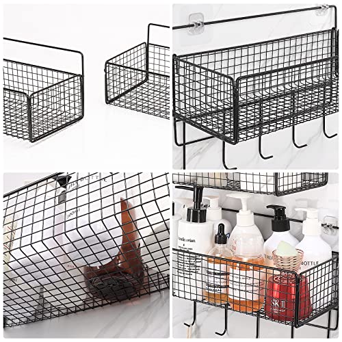 Livabber Adhesive Shower Caddy Basket Shelf with Hooks, All Metal Bathroom Organizer Shelf Rustproof Storage Basket No Drilling Wall Mounted, 2-in-1 Space Saving Kitchen Spice Racks, 2 Pack, Black